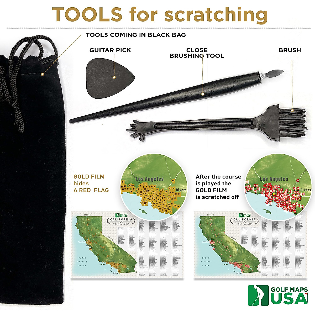 Golf Maps USA California State Golf Scratch Map with 278 Courses - Scratch-Off Golf Print with Eye-Catching Red Flags - Golfing Wall Decor - Unique Poster Gift for Golfers (Updated June 2023)