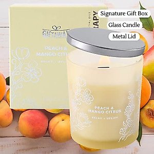 Peach Mango Citrus Scented Candles with Mandarin & Passion Fruit | Large Aromatherapy Candle | Highly Scented Soy Wood Wick Candles for Home | Natural Stress Relief Candles for Men & Women 10.6 oz