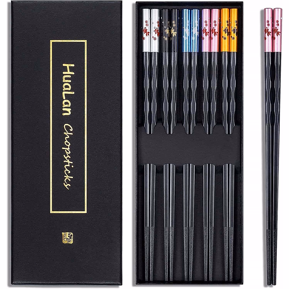 HuaLan Fiberglass Chopsticks Series - Japanese Non-Slip Chopstick, Reusable Chop Sticks Dishwasher Safe, 5 Pairs, Gift Set, 9.9 Inches