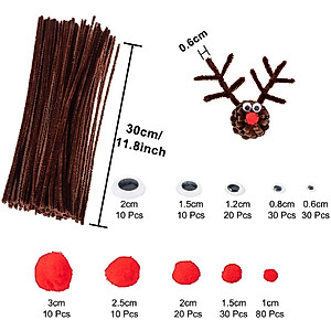 Whaline 350 Pcs Christmas Pipe Cleaners Set Including 100 Pcs Brown Craft Chenille Stems, 100 Pcs Multi Sized Wiggle Googly Eyes and 150 Pcs Pompoms for Christmas Craft Party DIY Art Supplies