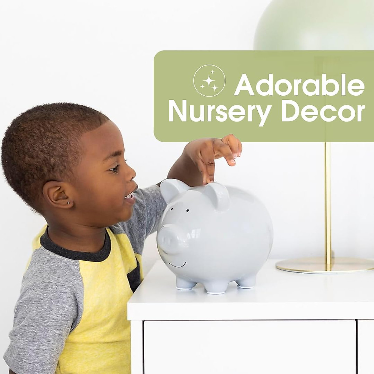 Pearhead Large Ceramic Piggy Bank, Ideal for Boys and Girls, Kids Money and Coin Bank, Perfect Baby Boy Nursery Décor, Great Gift and Newborn Keepsake, Solid Gray