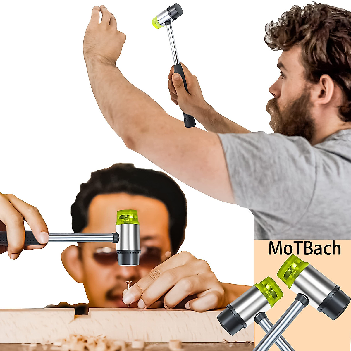 MotBach 2 Pack Double Head Plastic and Rubber Hammer, Double-Faced Soft Hammer(25mm and 35mm) with 4 Pcs Replacement Head(25mm and 35mm) for Jewelry, Leather Crafts, Wood, Flooring Installation