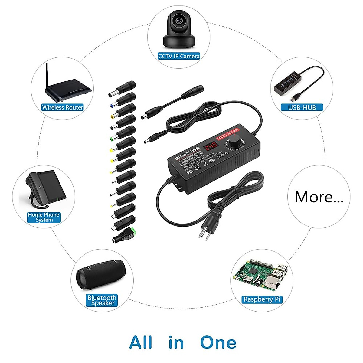 SHNITPWR Universal Power Supply Adjustable DC 24V 12V 9V 14V 19V 30V 36V AC Adapter Multi-Voltage 9V ~ 36V 3A 108W DC Power Adapter 100V~240V AC to DC Variable Power Converter 14 Tips 5.5x2.5mm