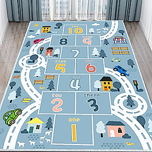 LGQLJPLQQ Hopscotch Rugs for Kids, Kid Rug for Bedroom,Road Rug, Playroom Rug for Kids Toy Cars, Nursery Rug for Teaching Toddler(Blue, 6' x 9')