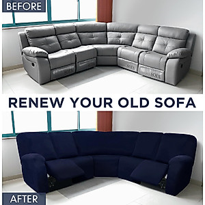 Peryiter 7 Pcs L Shape Sectional Recliner Sofa Covers 5 Seat Sectional Couch Covers Milk Silk Velvet Stretch Reclining Sofa Slipcover Furniture Protector for Living Room(Navy Blue,Milk Silk)