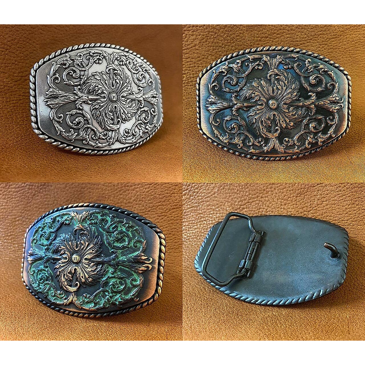 HA0016 Western Floral Engraved Ornate Design Belt Buckle Fits 1-1/2"(38mm) Belt (Antique Patina)