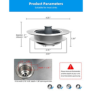 Hibbent Upgraded 3 in 1 Kitchen Sink Drain Strainer and Stopper Combo, Stainless Steel Metal Pop Up Sink Stopper, Anti-Clogging Basket Strainer with Handle for US Standard 3-1/2 Inch Drain