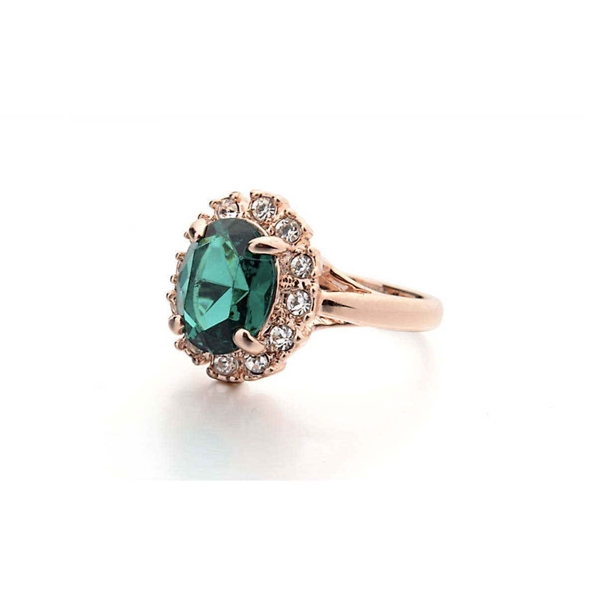 Rose Gold Plated Oval Shaped Ring with Emerald Green Swarovski element Crystal and Clear Round Shaped Cubic Zirconia Fashion Jewelry for Women (6)