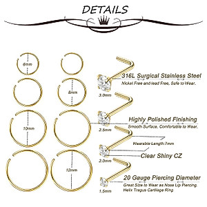 Masedy Nose Rings 12Pcs 20G 316L Stainless Steel L Shaped Nose Studs Cartilage Tragus Septum Piercing Gold