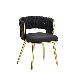 KCC Modern Velvet Dining Chairs Set of 2, Upholstered Living Room Chair with Woven Back and Golden Metal Legs, Mid-Century Accent Side Chair for Living Room, Dining Room, Kitchen, Black