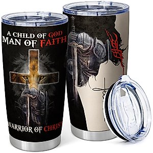 Equoza Birthday Spiritual Gift for Christian Men,A Child of God A Man of Faith,20oz Insulated Tumbler Cup Coffee Mug with Lid（Pack of 1）