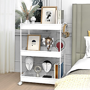 SPACELEAD 3 Tier Rolling Cart with Wheels, Storage Craft Art Trolley Organizer Serving, 3 Hanging Baskets Easy Assembly, for Office, Living Room, Kitchen, White