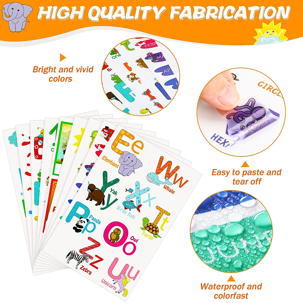 9 Sheets Kids Alphabet Wall Decals Educational Number Wall Stickers Decals Colorful ABC Animal Learning Wall Decals Peel and Stick Removable Stickers for Toddlers Classroom Nursery Bedroom