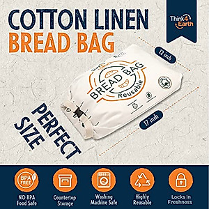Think4Earth – Cotton Linen Bread Bag Organic - Reusable bread bags for homemade bread gift giving - Bread Container for large Sourdough Loafs – Counter Top Cloth Bread Storage and Transport Solution.