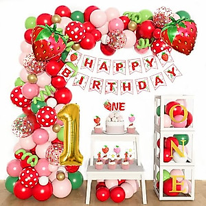 Amandir Strawberry 1st Birthday Party Decorations One Boxes, 120PCS Strawberry Balloons Garland Arch Banner Cake Topper Foil Number 1 for Berry First Sweet One Girl Birthday Baby Shower Fruit Supplies