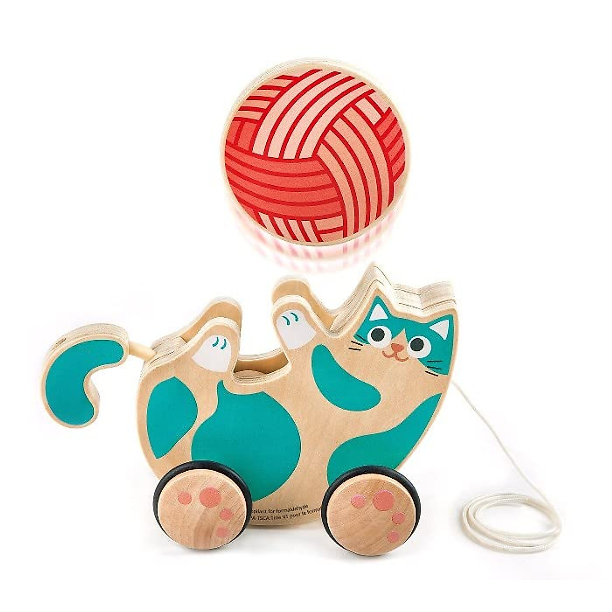 Hape Wooden Walk-A-Long Kitten Pull Toy| Roll & Rattle Push Pull Toy for Toddler| Montessori Toys for Walking Toddlers, Green