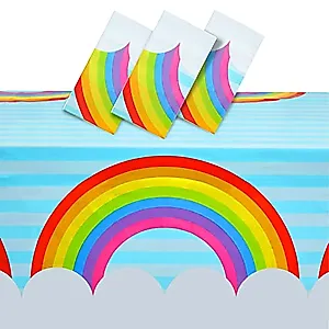 Juvale 3 Pack Rainbow Tablecloths for Party Supplies, Pastel Table Covers for Cloud Birthday Decorations for Girls (54 x 108 in)