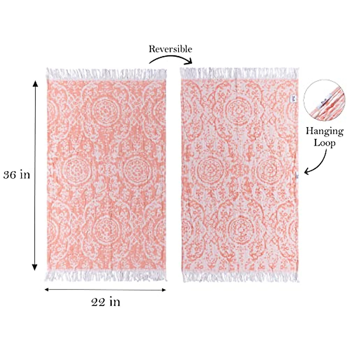 Fe&Ze Turkish Hand Towels with Hanging Loop, 22 x 36 in, 100% Cotton Kitchen Towels Decorative Set of 2, Coral Orange Towels for Bathroom