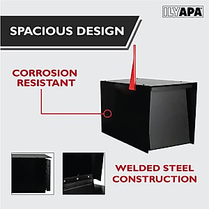 Ilyapa Modern Design Mailbox, Ready to Post Mount - All Black Powder Coated Steel Heavy Duty Curbside Welded Mailbox, All Weather Durable, Corrosion Resistant, Stainless Steel Hinges and Magnetic Door