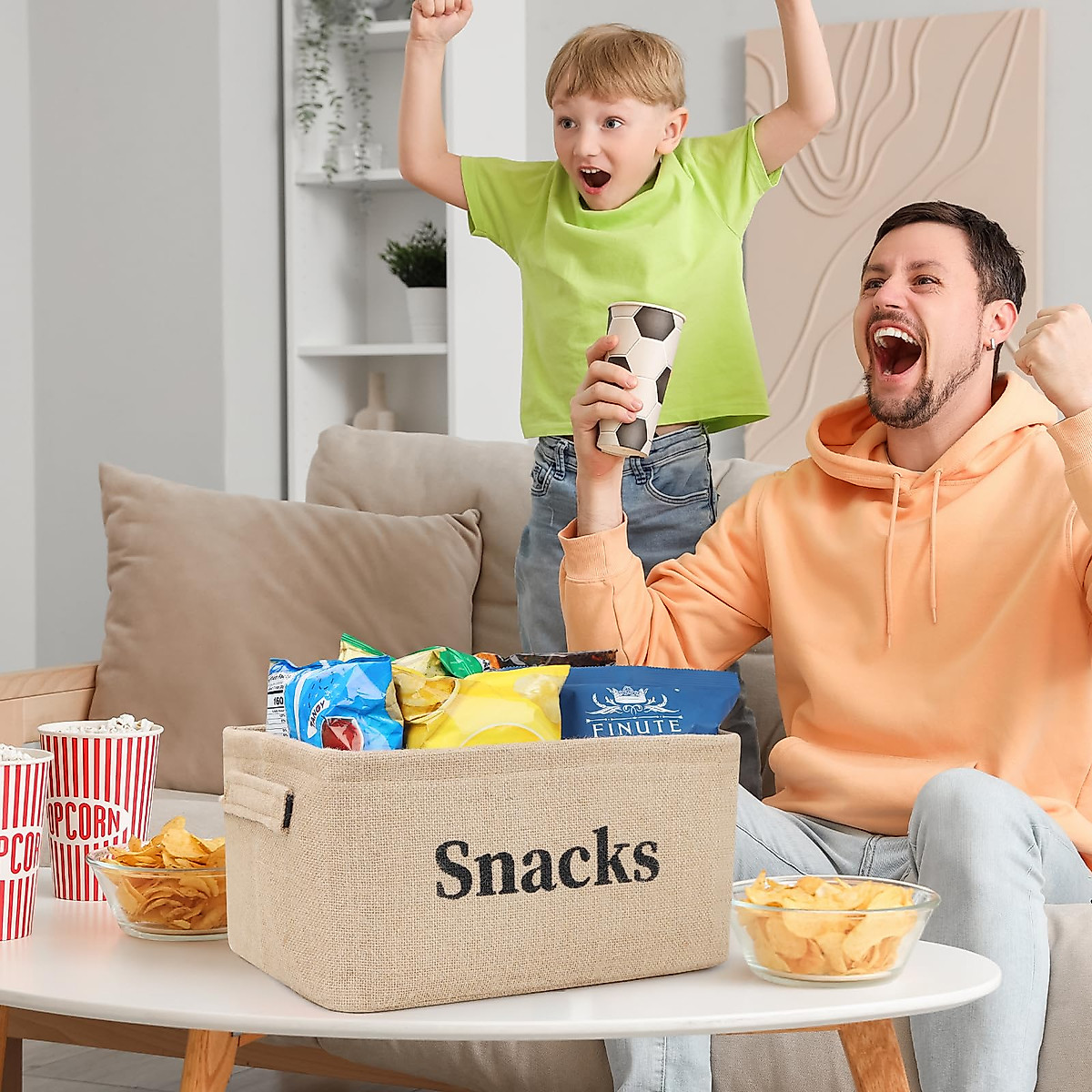 FLINKYE 2 Pack Snack Storage Organizer Basket Bins for Pantry Shelf and Countertop, Large Burlap Snacks Basket Container for Kitchen Office Popcorn Candy Pretzels and more