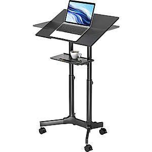BONTEC Lecterns & Podiums Portable Mobile Standing Laptop Desk, Sit Stand Desk with Wheels, Height Adjustable Home Office Classroom Pulpit Stand Up Desk Workstation, Rolling Table Laptop Cart with Storage Tray, Black