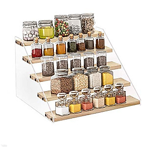 VAEHOLD Spice Rack Organizer for Cabinet & Countertop - Seasoning Organizer Spice Shelf - Space Saving Wooden Display Risers Shelf Showcase Fixtures Jewelry (5 Tier)