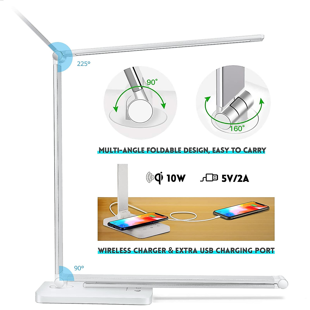 JOSTIC LED Desk Lamp with Wireless Charger, USB Charging Port, Desk Light with 10 Brightness, 5 Color Modes, Dimmable Eye Caring Reading Desk Lamps for Home Office, Touch Control, Auto Timer, White