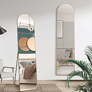 BOSTANA 59.9"x16.5"Arched Full Length Mirror,Aluminum Alloy Metal Frame Arched Wall Mirror,Wall Mirror Hanging or Leaning Standing Body Mirror with Stand for Bathroom,Cloakroom,Golden