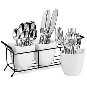 White Ceramic Utensil Holder, Flatware Caddy with Metal Stand (13 x 4 x 5 In)