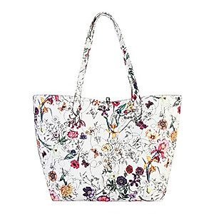 DIOPHY PU Leather Colorful Floral Pattern Two Tone Reversible Large Tote Womens Purse Handbag with Matching Crossbody Bag 2 Pieces Set FL-6000 FL-6001 (White exterior-Red interior)