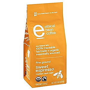 Ethical Bean Fairtrade Organic Coffee, Sweet Espresso Medium Dark Roast, Ground Coffee Beans - 100% Arabica Coffee (8 oz Bag), 0.5 Pound (Pack of 1)