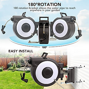 IDEALHOUSE Retractable Garden Hose Reel, 1/2 in x 100 ft Wall-mounted Hose Reel, with 9- Function Sprayer Nozzle, Any Length Lock/180° Swivel Bracket/Automatic Rewind/Slow Return System/Easy Watering