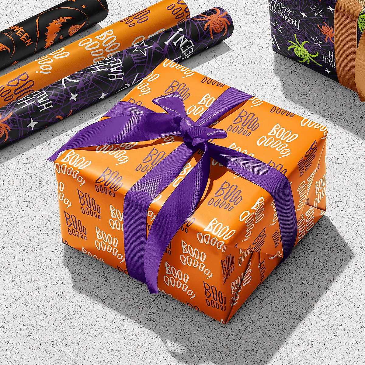 LDGOOAEL Wrapping Paper Roll with Cut Lines on Reverse - Mini Roll(17" X 120" Per Roll) - Purple Spider, Orange bat for Halloween, Birthday, Wedding, Baby Shower,Bridal Showers