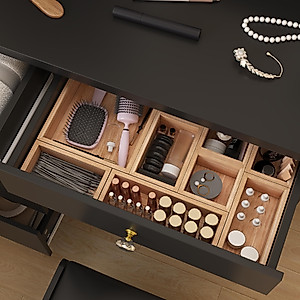 Hitow Vanity Desk Set with Lighted Mirror, Makeup Vanity with 5 Drawer & Shelf, Dressing Table with Touch Screen Light & Jewelry Organizer for Bedroom, Black (Lighted Mirror)