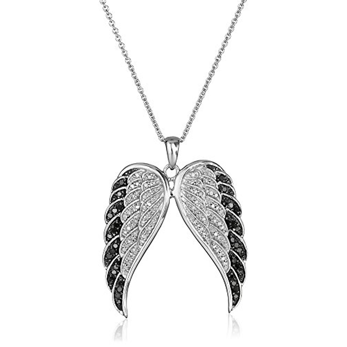 Amazon Essentials Sterling Silver Black and White Diamond Angel Wings Pendant Necklace (1/2 cttw), 18" (previously Amazon Collection)
