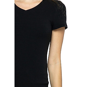 Women's Basic Solid Active Soft Cotton Short Sleeve V Neck Slim Fitted Top T-Shirts in Black - M