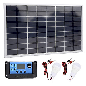 Solar Panel, 15W 18V Polycrystalline Solar Panel 12V/24V PWM Solar Controller 2pcs LED Bulb for Car RVs Ship Battery Charger(10A)