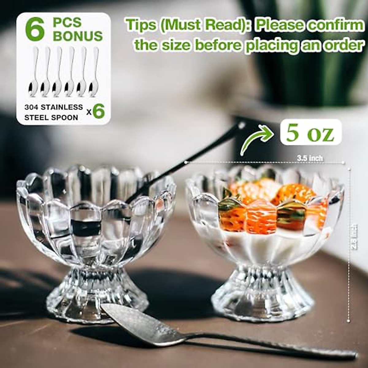 6 Pack Glass Dessert Cups with Spoons, Hlukana 5 oz Ice Cream Cups, Small Cute Dessert Bowls, Ice Cream Bowls for Birthday Party, Sundae Bar, Perfect for Dessert, Sundae, Fruit, Salad, Snack, Cocktail