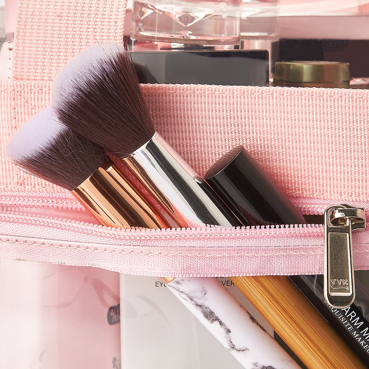 Premium Large Clear Makeup Cosmetic Toiletry Organizer Bag, Clear Tote Bag Stadium Approved, Mini Clear Purse for Gym, Work, Travel or Concert (Pink)