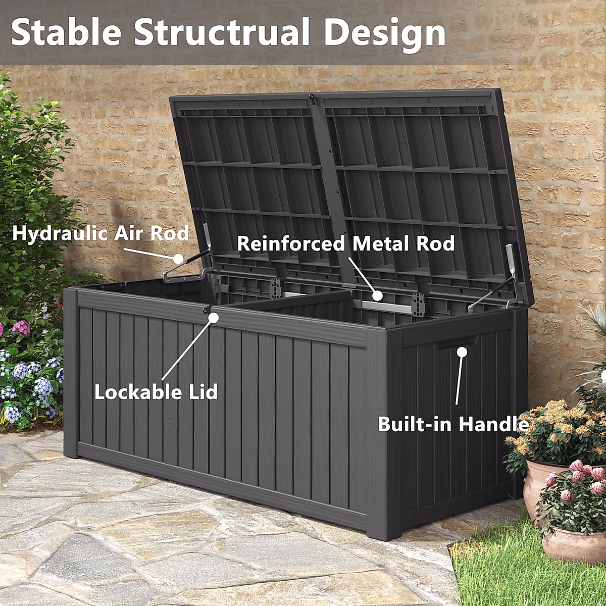 Esmlada Outdoor Storage Box, 150 Gallon Large Outdoor Resin Deck Box, Storage Outdoor Waterproof Boxes Lockable Lid for Garden Tools, Pool Supplies, Patio Furniture and Cushions, Black