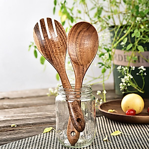 2Pcs / Set Wooden Mixing Spoon Fork with Hanging Holes, Ergonomic Design, Ideal for School Office Festival Use