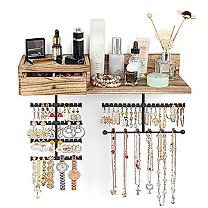 VINAEMO Jewelry Organizer Hanging Wall Mounted Jewelry Holder with Rustic Wood Drawer & Large Capacity Storage Shelf Rack Display for Earrings Rings Necklaces Bracelet