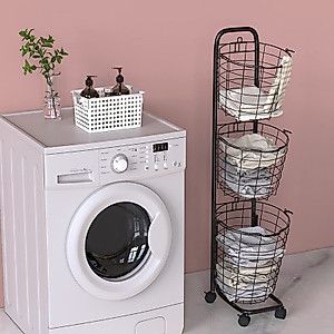 Ganggend 3-Tier Laundry Basket with Lockable Wheels, Wire Laundry Hamper with Rubber Handle Laundry Cart Storage Rolling Hamper for Organizing Clothes