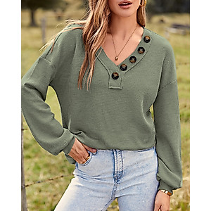 BTFBM Women Long Sleeve Shirts Fall Fashion 2025 V Neck Loose Casual Blouse Deco Button Lightweight Waffle Knit Pullover(Army Green, Small)