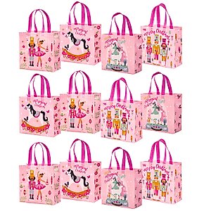 LeZakaa 12PCS Bags with Handles, Pink Recycled Bags, Treat Bags, Multifunctional Non-Woven Christmas Bags for Child, Kids - Cartoon Pattern, 10.5' x 5'x 10.5'