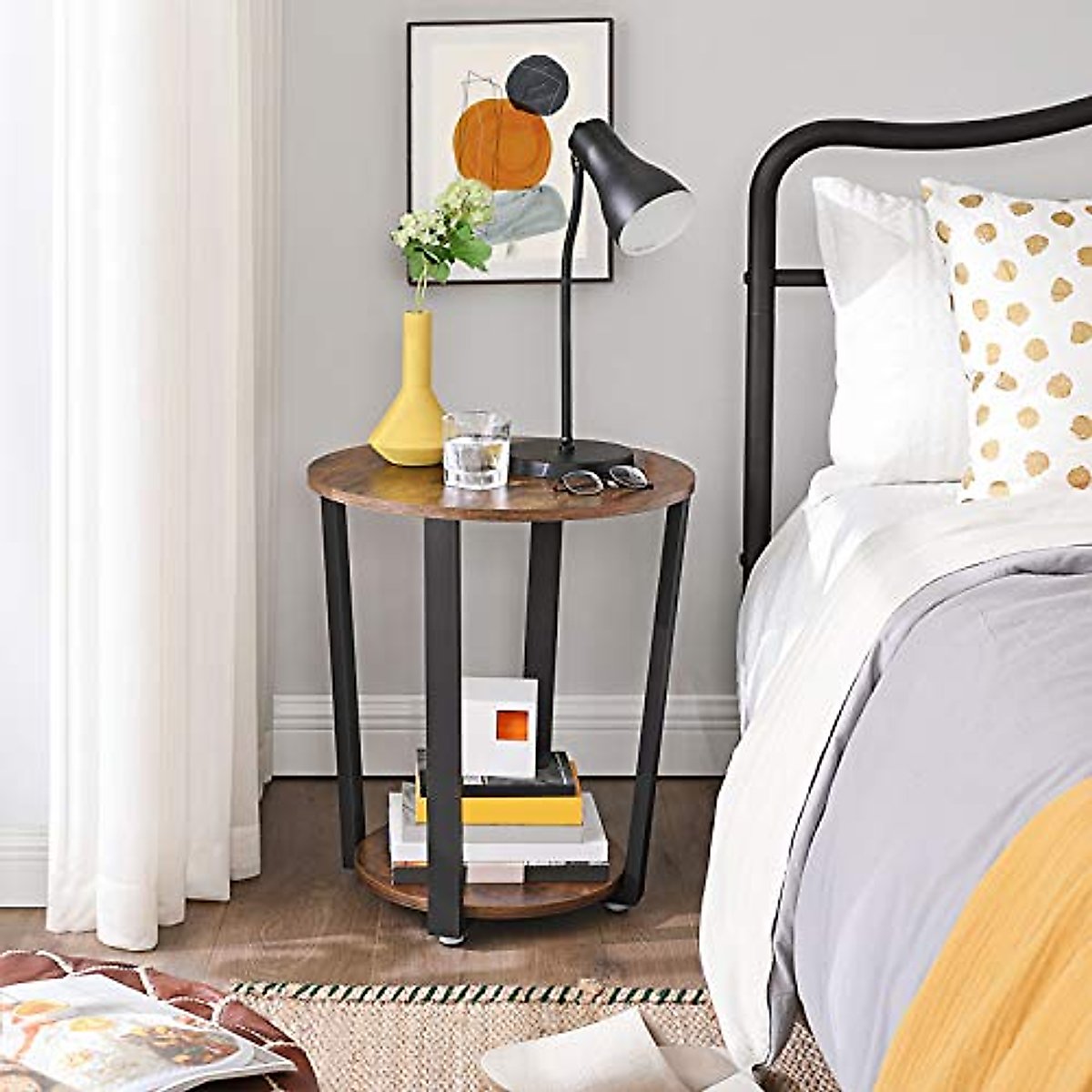 VASAGLE Round End Table with Storage Shelf, Side Tray for Small Space, Easy Assembly, Accent Furniture with Steel Frame, 19.7 x 19.7 x 22.4 (50 x 50 x 57 cm), Rustic Brown