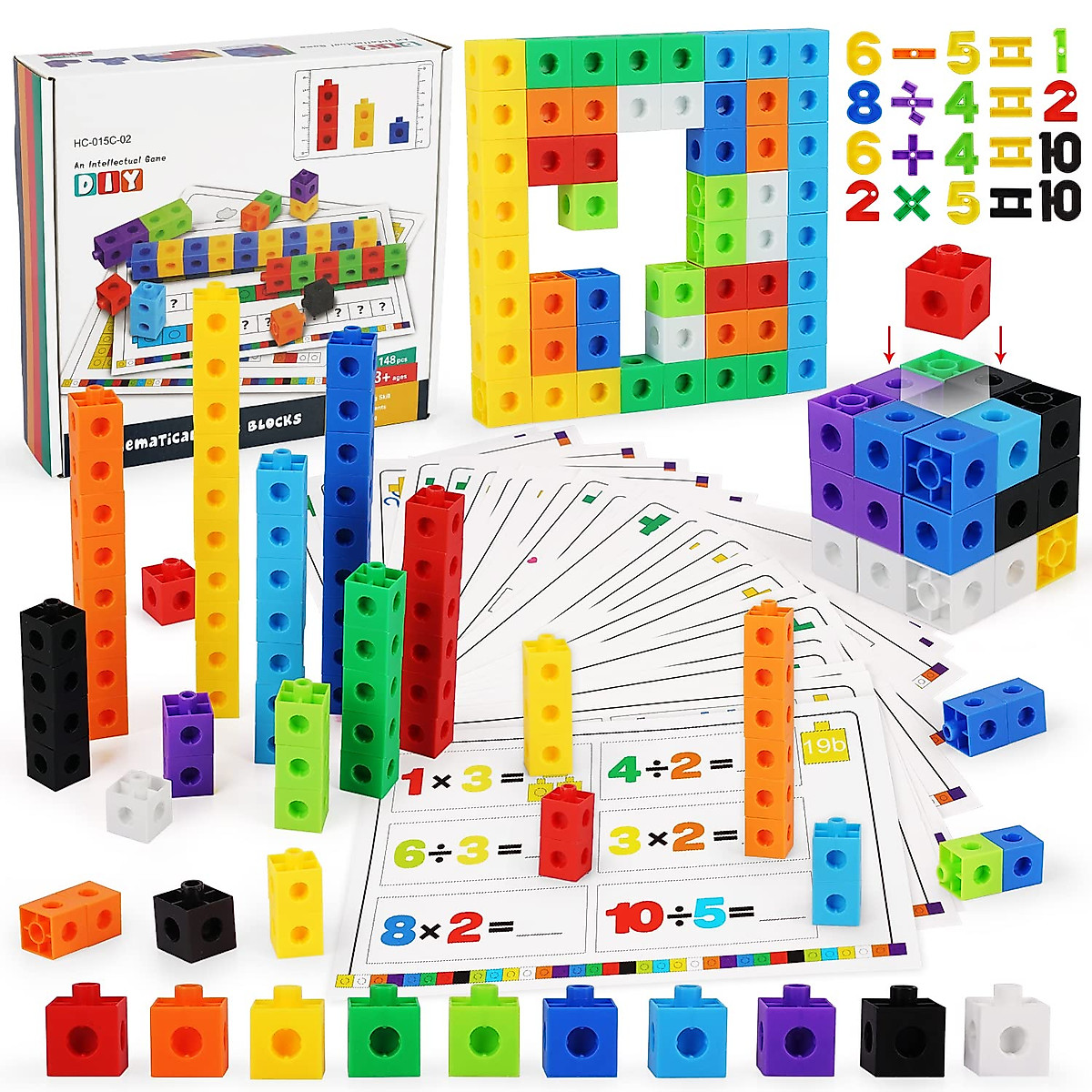 Number Blocks, Math Manipulatives 100 Snap Cubes with 30 Activity Cards, STEM Toy Learning Math Games for Kids 3 4 5 6 7 8+ Year Homeschool Supplies Birthday Gift, 148PCS