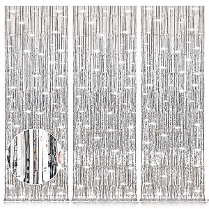 Accevo Silver Party Streamers 3Pack Metallic Tinsel Foil Fringe Curtains 3.2ft x 8.2ft Party Decorations for Photo Booth Photoshoot Birthday Bridal Shower Engagement Bachelorette Disco Party Decor