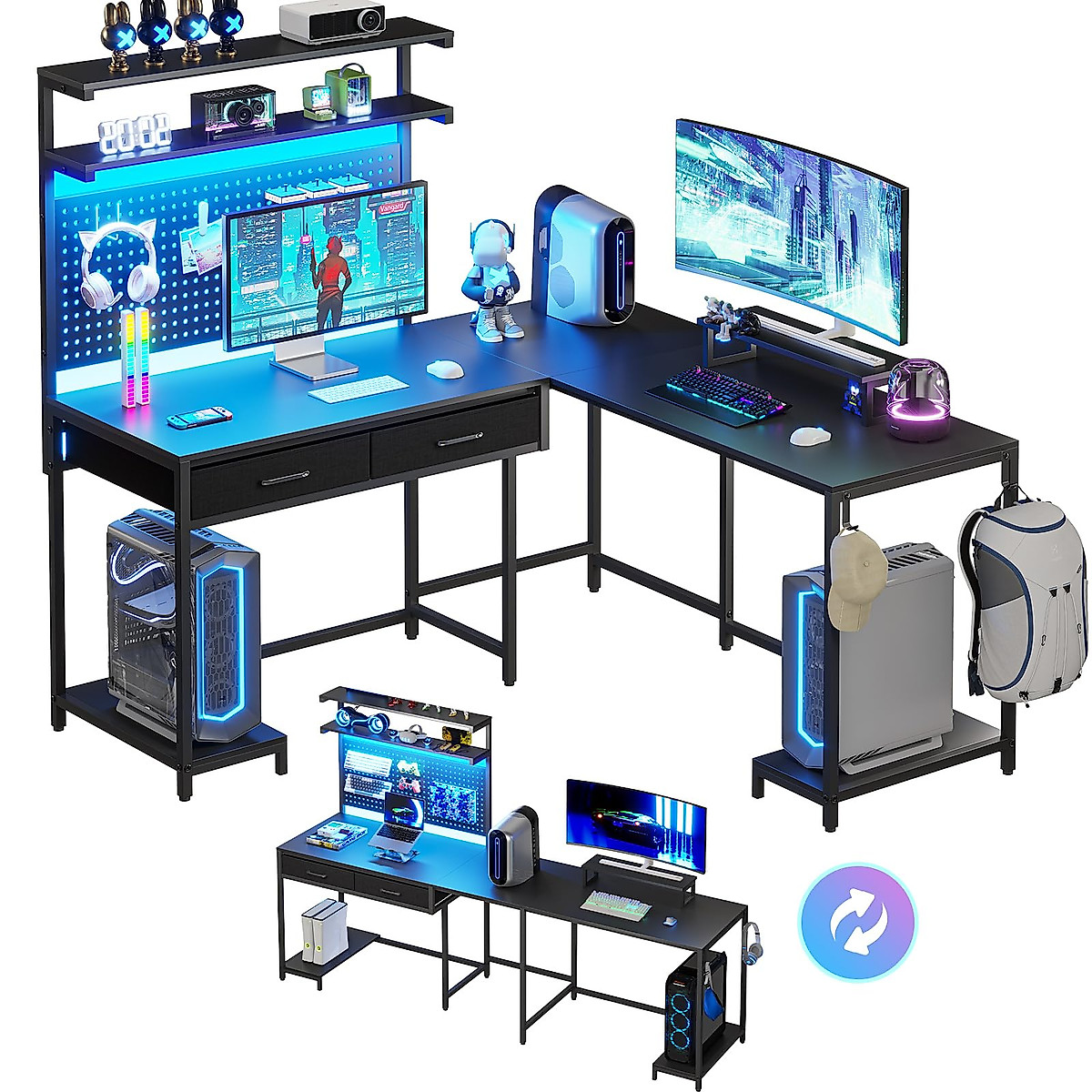 SEDETA L Shaped Gaming Desk with LED Lights, Pegboard and Drawers, Gaming Desk with Hutch, Computer Desk with Monitor Stand, Storage Shelves, Home Office Desk Corner Desk, Gaming Table, Black