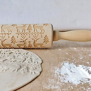 3Pcs Rolling Pin, Embossing Wooden Rolling Pin 3D Engraved Rolling Pin Cute Patterns Dough Roller (English Christmas tree + snowflake + pair of deer)